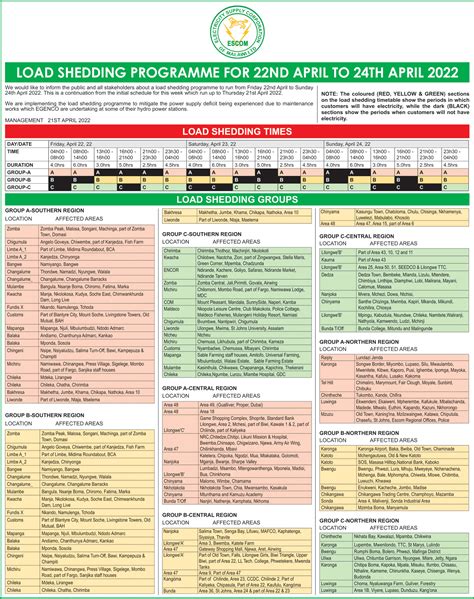 Escom On Twitter Load Shedding Programme For 22nd April To 24th April