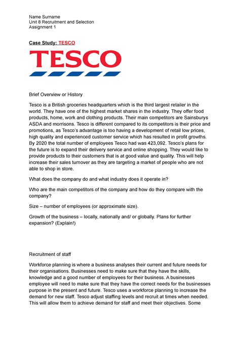 Tesco Unit 8 Assignment 1 Unit 8 Recruitment And Selection Assignment