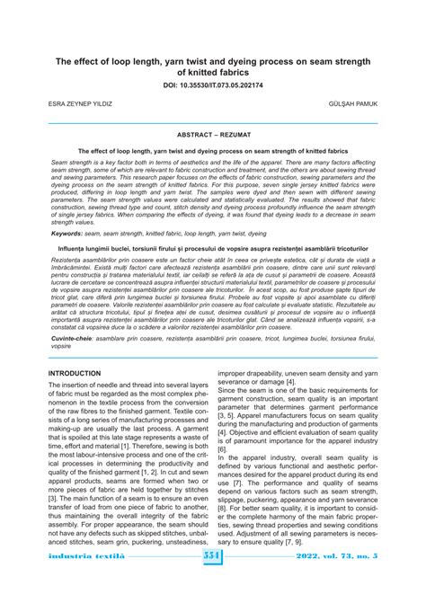 Pdf The Effect Of Loop Length Yarn Twist And Dyeing Process On Seam