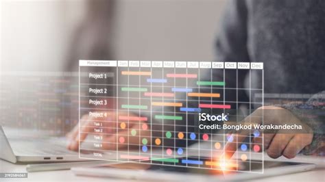 랩톱에서 작업하고 작업 및 마일스톤을 업데이트하고 가상 화면에서 회사의 Gantt 차트 일정 인터페이스를 사용하여 진행 상황을 계획하는 프로젝트 관리자 비즈니스 프로젝트