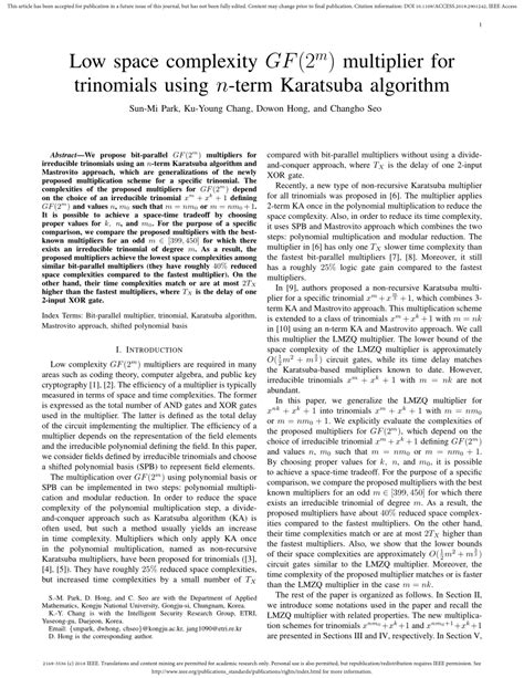 Pdf Low Space Complexity Gf M Multiplier For Trinomials Using N