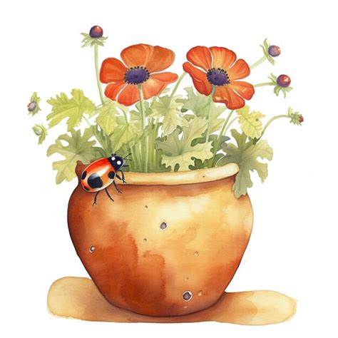 Premium Photo There Is A Ladybug Sitting On A Pot With Flowers