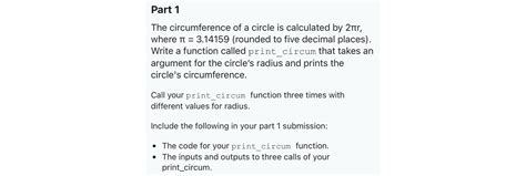 Solved Part The Circumference Of A Circle Is Calculated By Chegg