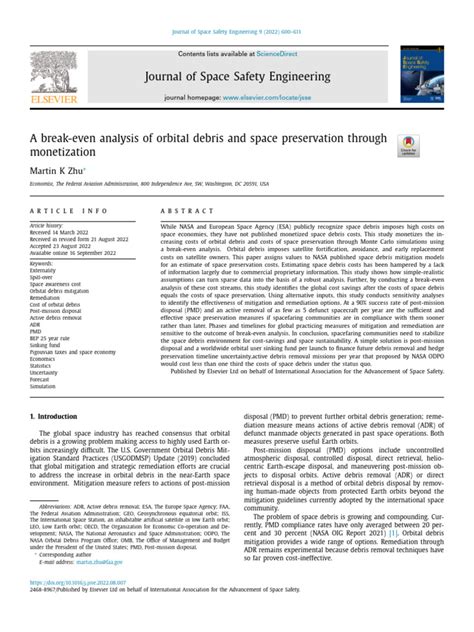 A Break Even Analysis Of Orbital Debris And Space Preservation Through Monetization Pdf