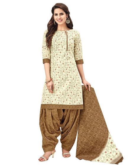 Womens Cream And Beige Cotton Printed Readymade Salwar Suit Set Om