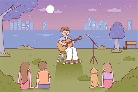 어쿠스틱 기타를 연주하는 가수가 공원에서 버스킹을 하고 있다 프리미엄 벡터