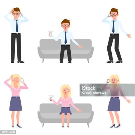 슬픈 비참한 놀라움 놀라움 화가 사무실 남자와 여자 벡터 그림을 외치고 서 전화에 이야기 소파에 앉아 흰색에 설정 소년과 소녀 만화 캐릭터를 비명 분노에 대한 스톡 벡터