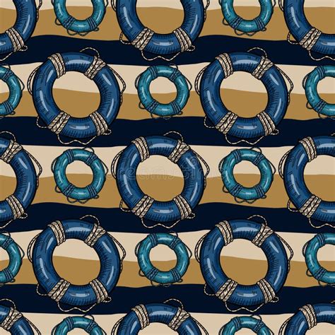 Vintage Lifebuoy With Rope Sketch Seamless Pattern Hand Drawn Life