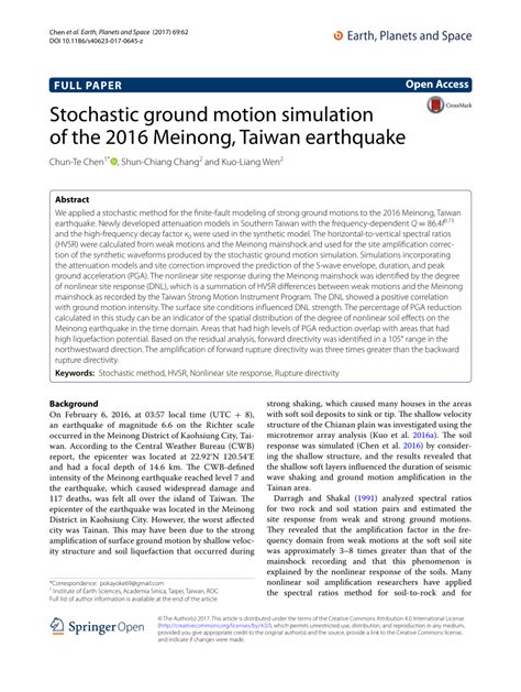 Pdf Stochastic Ground Motion Simulation Of The 2016 Meinong Taiwan