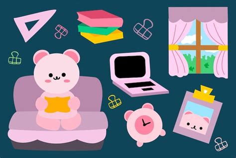 테디 베어 와 일부 장난감 의 만화 그림 프리미엄 벡터