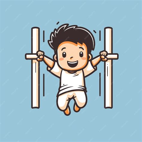 바에 매달린 귀여운 작은 소년 터 만화 일러스트레이션 프리미엄 벡터