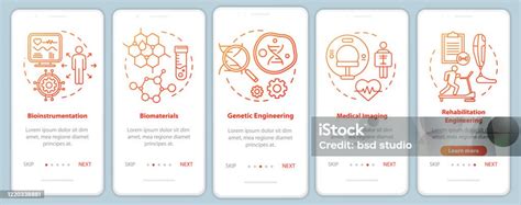생명 공학 온보딩 모바일 앱 페이지 화면 벡터 템플릿 의료 영상 선형 일러스트레이션이 있는 웹 사이트 연습 단계입니다 생체 계측 Ux Ui Gui 스마트폰 인터페이스 컨셉