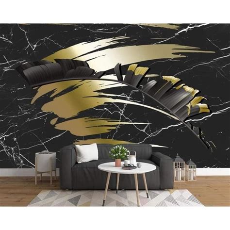 Papier Peint Panoramique Feuilles Tropicales Dorées Marbrées Noires cmx cm