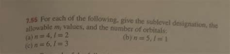 solved 7 55 for each of the following give the sublevel