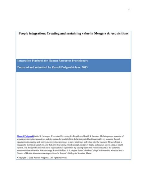 People Integration Creating And Sustaining Value In Mergers And Acquisitions Pdf