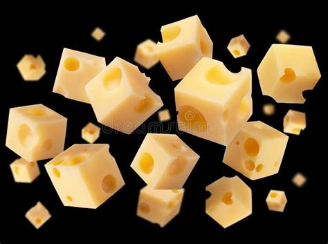 Superbly Retouched Cheese Cubes Fly And Levitate In Space Isolated Not Black Stock Image
