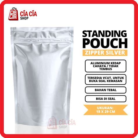 Jual Kemasan Standing Pouch Zipper Alu Silver Food Grade Kedap Cahaya
