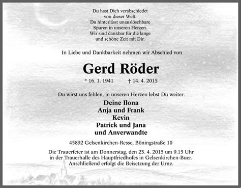 Traueranzeigen Von Gerd Röder Trauer In Nrwde