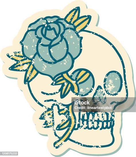 Icône De Style De Tatouage Dautocollant Affligéd Dun Crâne Et A