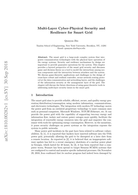 Pdf Multi Layer Cyber Physical Security And Resilience For Smart Grid