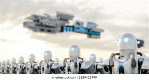 Crowd Robots Standing Cyberspace Under Ufo Stock Illustration