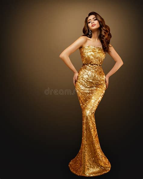 Fashion Woman In Golden Sequin Dress Glamour Model In Gold Glitter