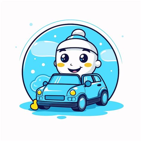 Robot De Dessin Animé Mignon Conduisant Une Voiture Dans La Neige