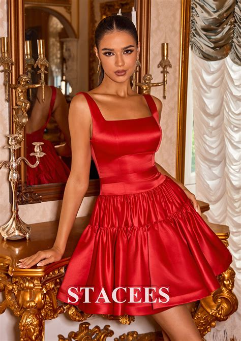 A Line Satin Graduation Dress Square Neckline Shortmini With Ruffles