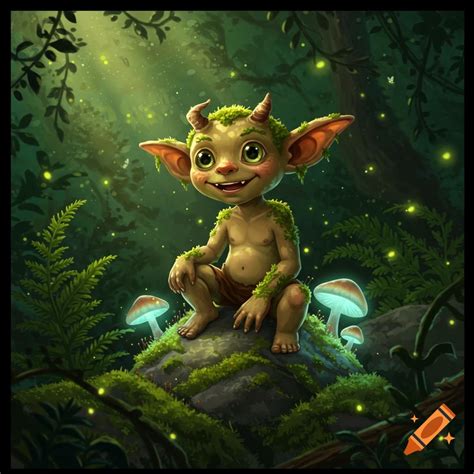 A Cute Moss Covered Goblin Sits On A Rock With Glowing Mushrooms In An