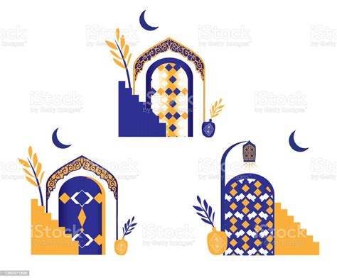 모로코 장면 세트 집 문 창문 및 전통적인 모자이크 패턴 이슬람 창과 문 모양 세트 아랍어 문과 창문의 실루엣은 파란색과