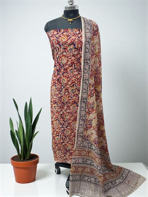 Handmade Pure Cotton Kalamkari 2 Pc Unstitched Suit With Kalamkari
