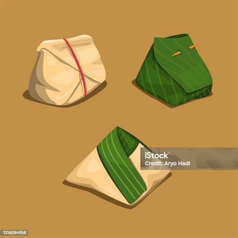 ห่อข้าวในใบตองและกระดาษแนวคิดสัญลักษณ์อาหารแบบดั้งเดิมเอเชียในเวกเตอร์ภาพประกอบการ์ตู ภาพประกอบ