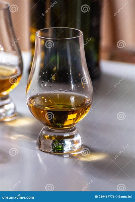 Tasting Of Whiskey Tulip Shaped Tasting Glasses With Dram Of Scotch Single Malt Or Blended