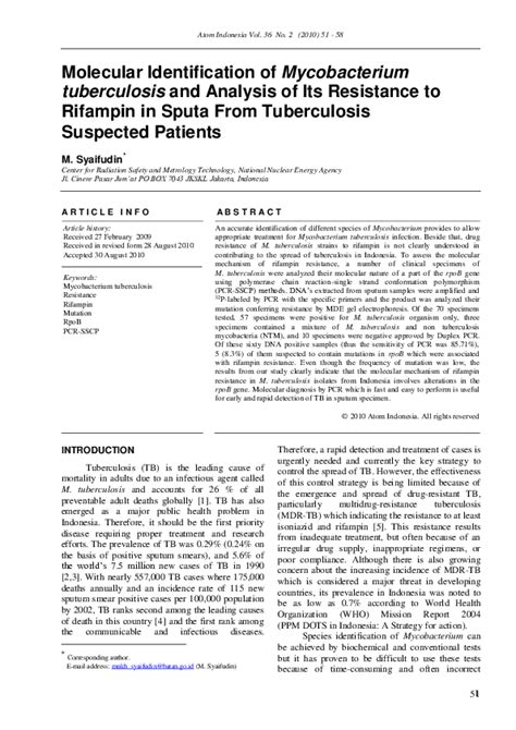 Pdf Molecular Identification Of Mycobacterium Tuberculosis And Analysis Of Its Resistance To