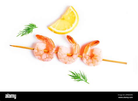 Shrimp Skewer Isolated On White Background Fresh Prawn Seafood Skewer