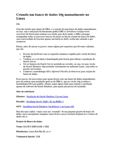 Criando Um Banco De Dados 10g Manualmente No Linux Pdf Linux Bancos De Dados