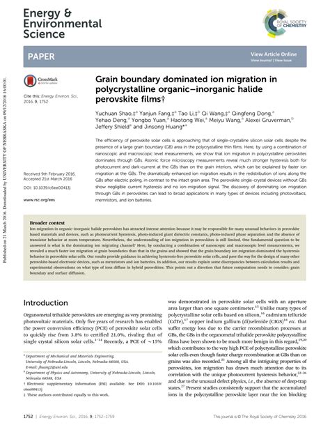 Pdf Grain Boundary Dominated Ion Migration In Polycrystalline Organic Inorganic Halide