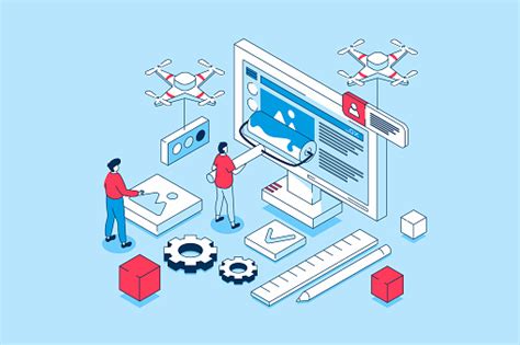 3d 아이소메트릭 디자인의 웹 디자인 개념입니다 사람들은 콘텐츠로 페이지 레이아웃을 만들고 배너와 홈페이지를 만들고