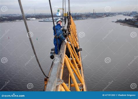 Installers Working At High Altitude Erecting Tower Crane Lifting Construction Editorial