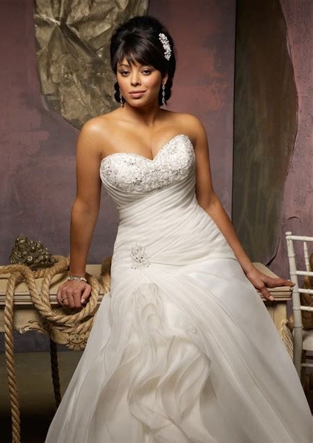 Unusual A Line Sweetheart Organza Ruffle Lace Beaded Plus Size Wedding