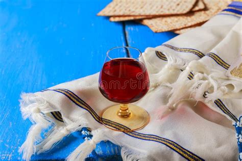 Pesach Still Life With Wine And Matzoh Jewish Passover Bread Stock
