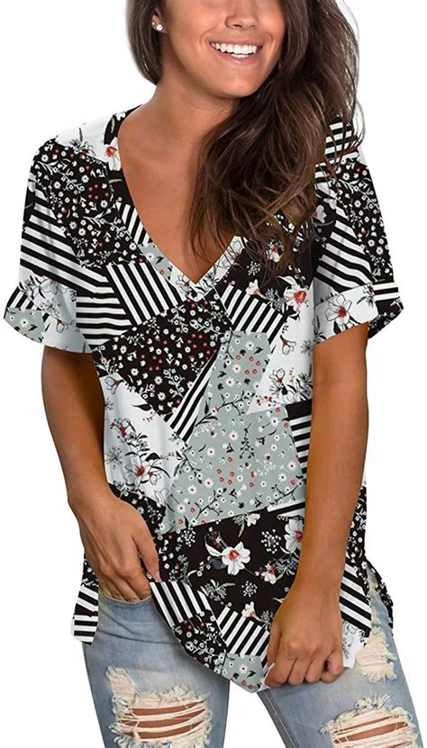 Sampeel Womens V Neck T Shirts Casual Rolled Short Sleeve Side Split
