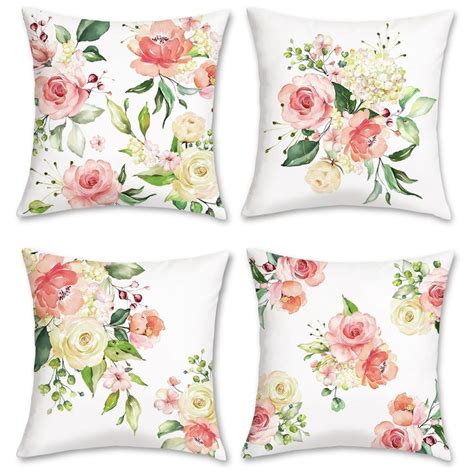 Bonhause Lot De 4 Housse De Coussin 45 X 45 Cm Fleur De Pivoine Rose