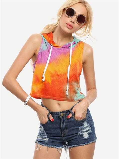 Multicolor Tie Dye Print Hooded Crop Top Crop Tops Hooded Crop Top Tops