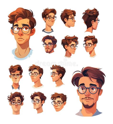 Cartoon Young Man Avatars Portraits Of Male In Glasses With Curly Hair