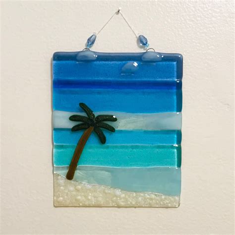 Fused Glass Beach Wall Art Glass Palm Tree And Ocean Beach Etsy