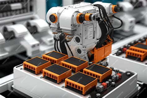 플랫폼 Generative Ai에 전기 자동차 배터리 셀 모듈이 있는 산업 공장 로봇 조립 라인의 내부 프리미엄 사진