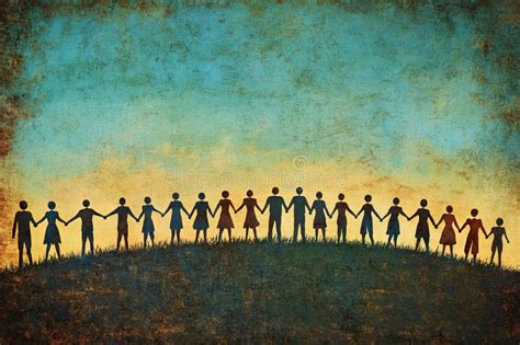 Group Of Human Figures Holding Hands In A Circle Against A Backdrop Of A Sunset Symbolizing