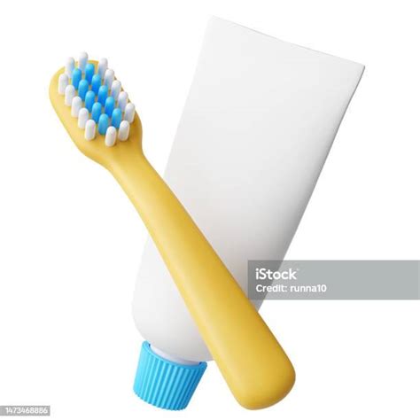 귀여운 만화 스타일의 노란색 칫솔과 치약 튜브가 흰색 배경에 격리되어 클리핑 경로 3d 렌더링 0명에 대한 스톡 사진 및 기타