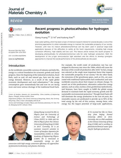 Pdf Recent Progress In Photocathodes For Hydrogen Evolution